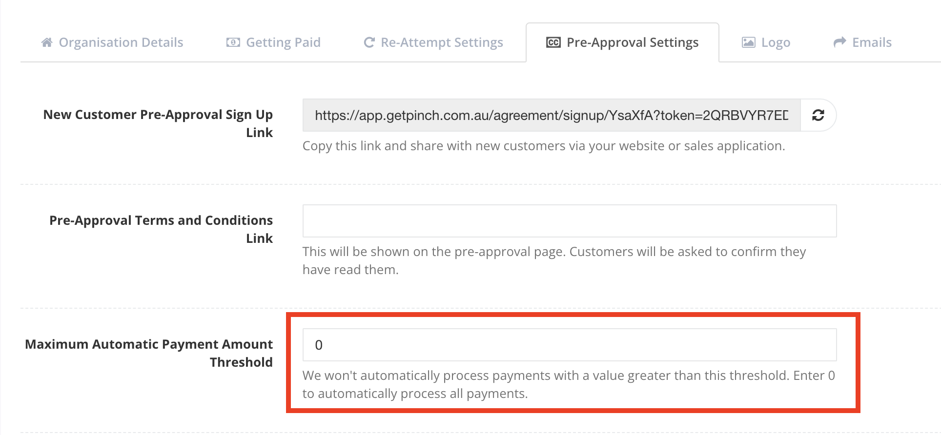 Pinch Account Configuration
